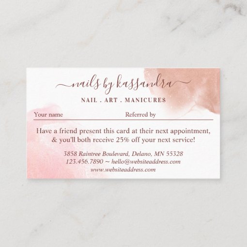 Refer A Beauty Pink Gold Beauty Hand Nail Referral Business Card | Zazzle