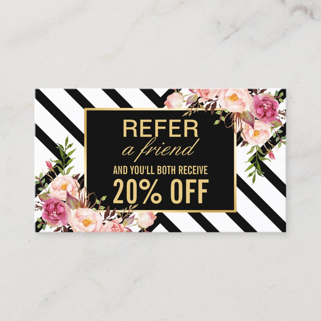 Refer a Friend | Beautiful Pink Floral Stripes Referral Card | Zazzle