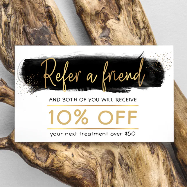 Refer a Friend Black & Gold Beauty Referral Card | Zazzle