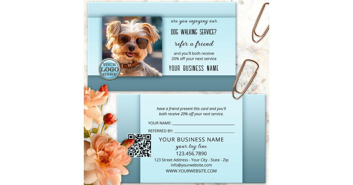 Refer a Friend Logo QR Code Photo Dog Walker Referral Card | Zazzle