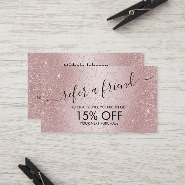 Refer a Friend - Rose Gold Glitter Referral Card | Zazzle