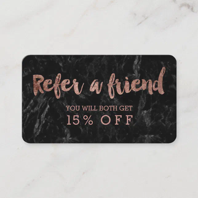 Referral card rose gold typography black marble | Zazzle