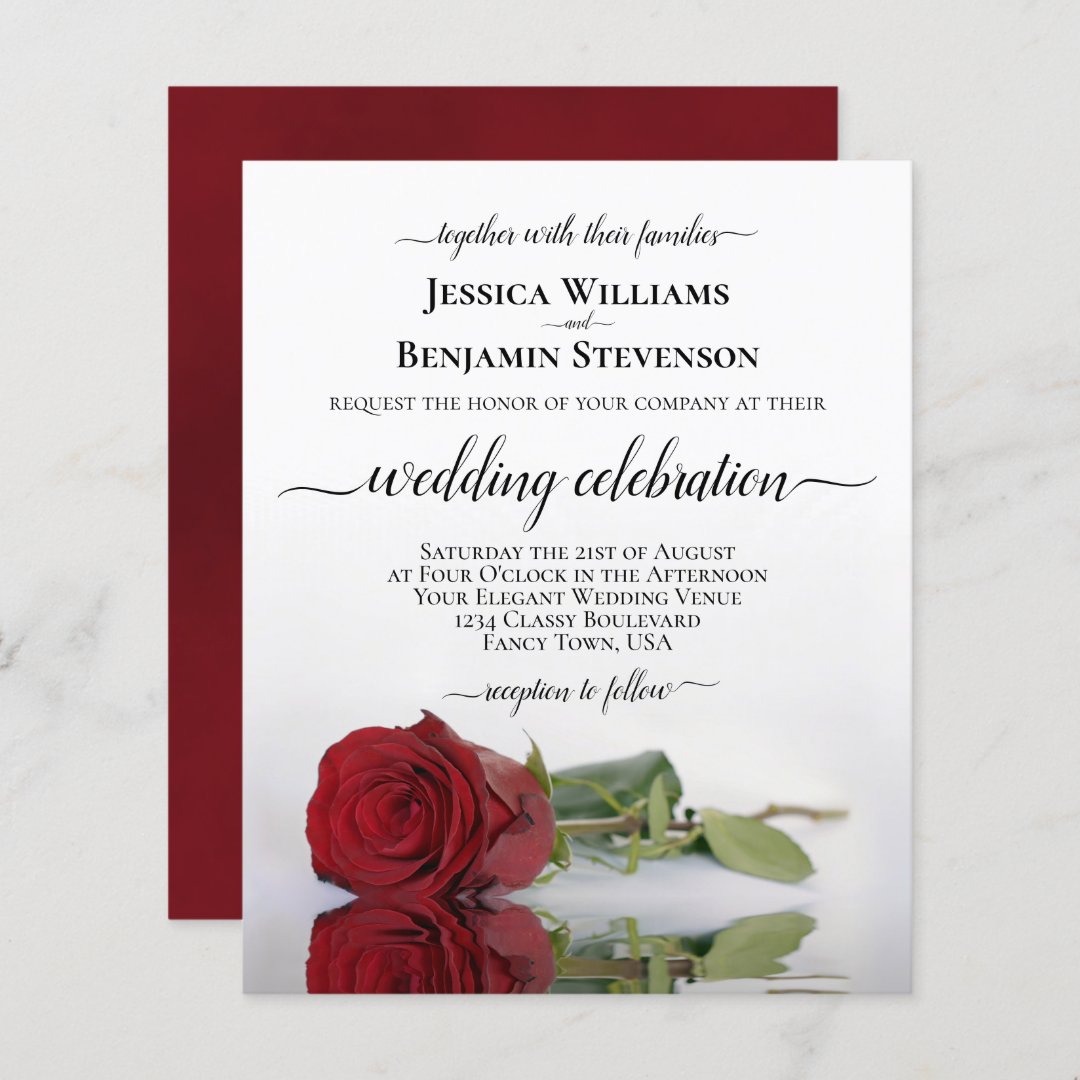 Reflecting Red Rose BUDGET Wedding Invitation | Zazzle