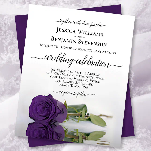 Reflecting Royal Purple Rose BUDGET Wedding Invite | Zazzle