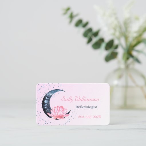 Reflexology QR Code Pink Lotus Flower Moon Business Card | Zazzle