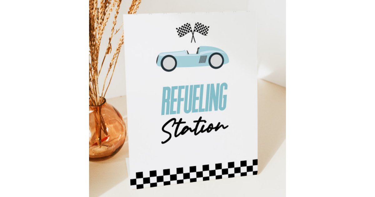 Refueling Station Blue Race Car Drink Table Pedestal Sign | Zazzle