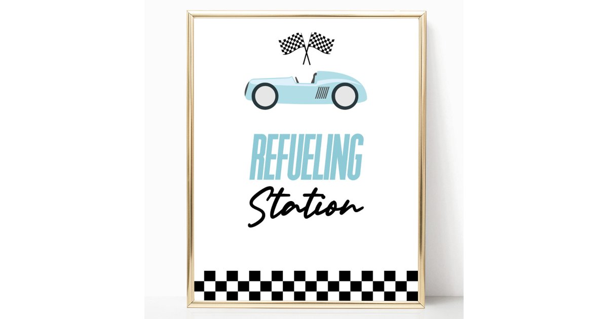 Refueling Station Blue Race Car Drink Table Sign | Zazzle