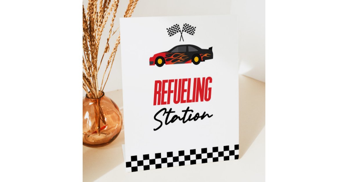 Refueling Station Red Race Car Drink Table Pedestal Sign | Zazzle