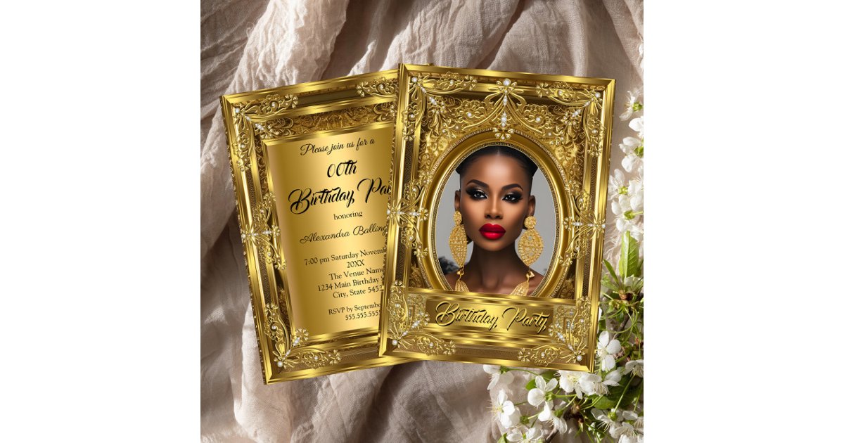 Regal Elegant Photo Birthday Party Gold Gems Invitation | Zazzle