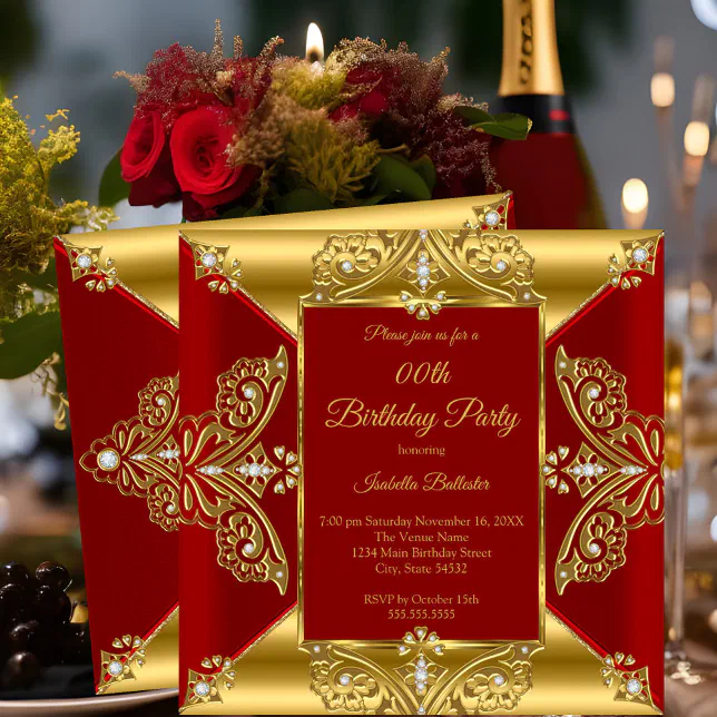 Regal Red Add Age Birthday Party Gold Diamond gem Invitation | Zazzle