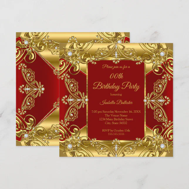 Regal Red Birthday Party Ornate Gold Faux Diamonds Invitation | Zazzle