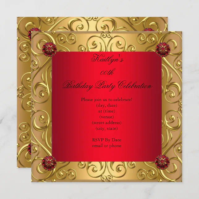 Regal Red Elegant Birthday Party Damask Gold Invitation | Zazzle