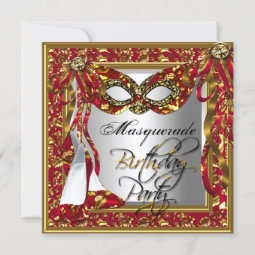 Regal Red Gold Damask Birthday Masquerade Party Invitation | Zazzle
