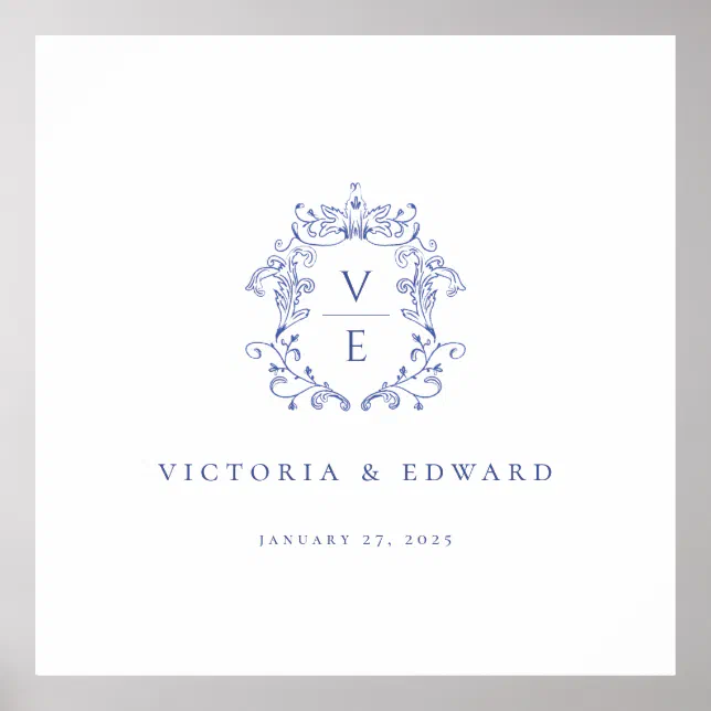 Regency Blue Crest Monogram Wedding Poster | Zazzle