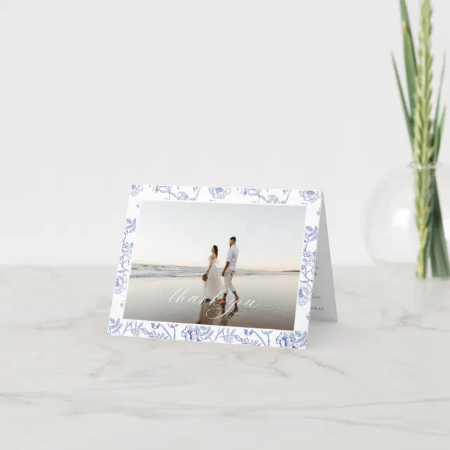 Regency Blue Floral Wedding Photo Thank You Card | Zazzle