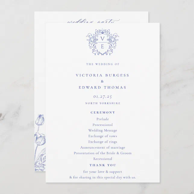 Regency Blue Monogram Crest Wedding Program | Zazzle