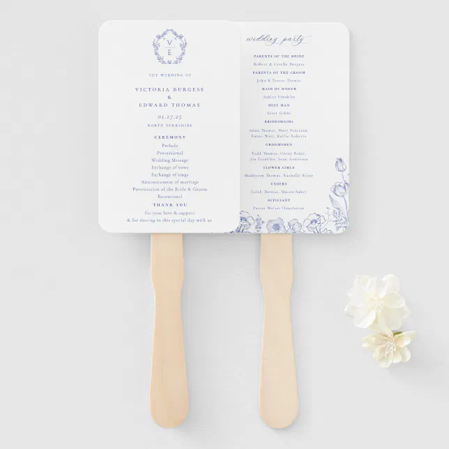 Regency Blue Ornate Crest Monogram Wedding Program Hand Fan | Zazzle