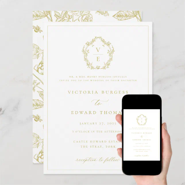 Regency Era Gold Crest Monogram Wedding Invitation | Zazzle