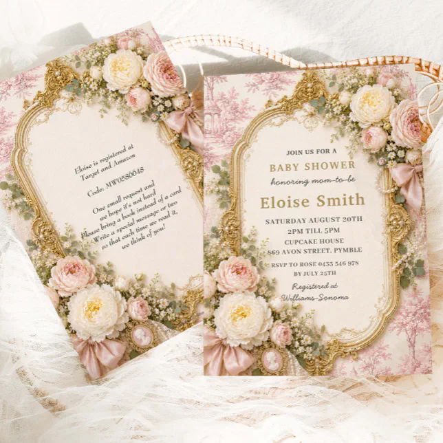 Regency Pink Floral Toile de Jouy Bow Baby Shower Invitation | Zazzle