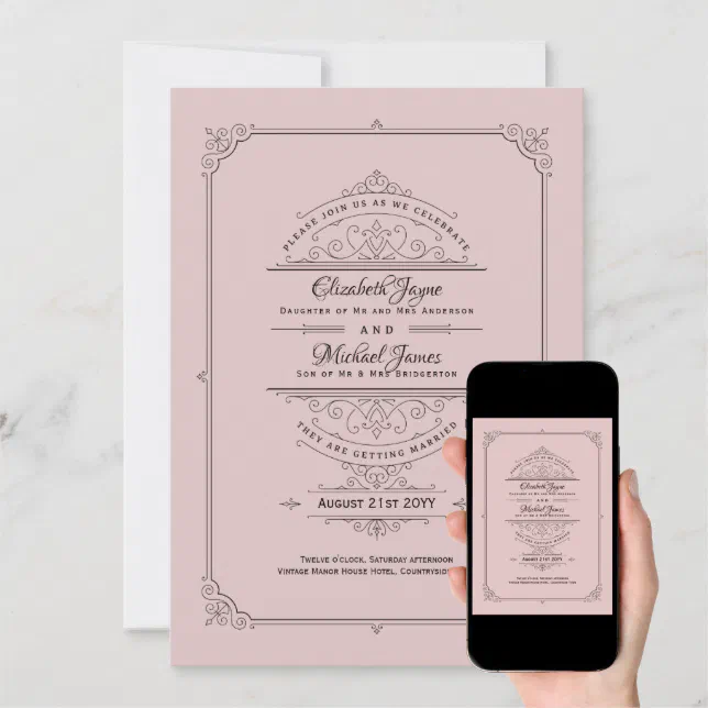 Regency Wedding Invitations Vintage Dusty Rose | Zazzle