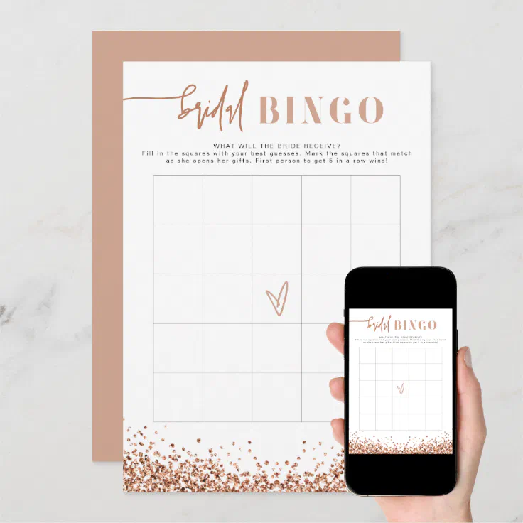 REGINA Rose Gold Glitter Bridal Shower Bingo Game Invitation | Zazzle