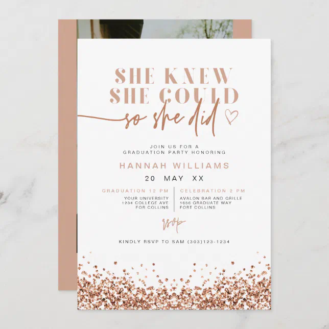 REGINA Rose Gold Glitter She Did It Graduation Invitation | Zazzle