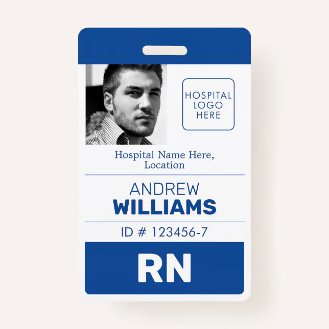 Registered Nurse ID Number Blue White Logo Photo Badge | Zazzle