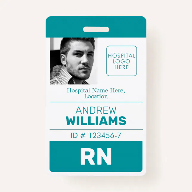 Registered Nurse ID Number Teal White Logo Photo Badge | Zazzle