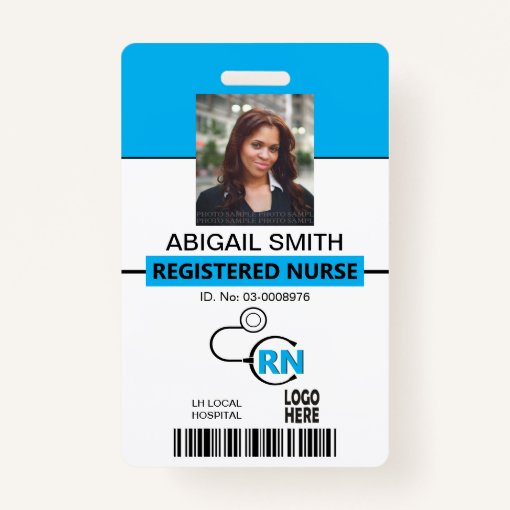 Registered nurse RN blue photo template Badge | Zazzle