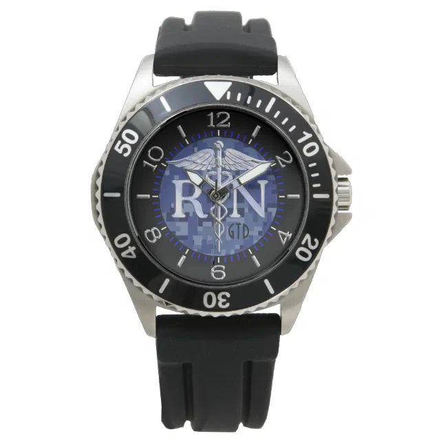 Registered Nurse RN Caduceus Blue Camo Monogram Watch | Zazzle