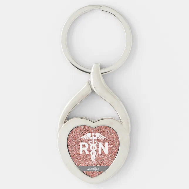 Registered Nurse RN Caduceus Rose Gold Glitter Keychain | Zazzle