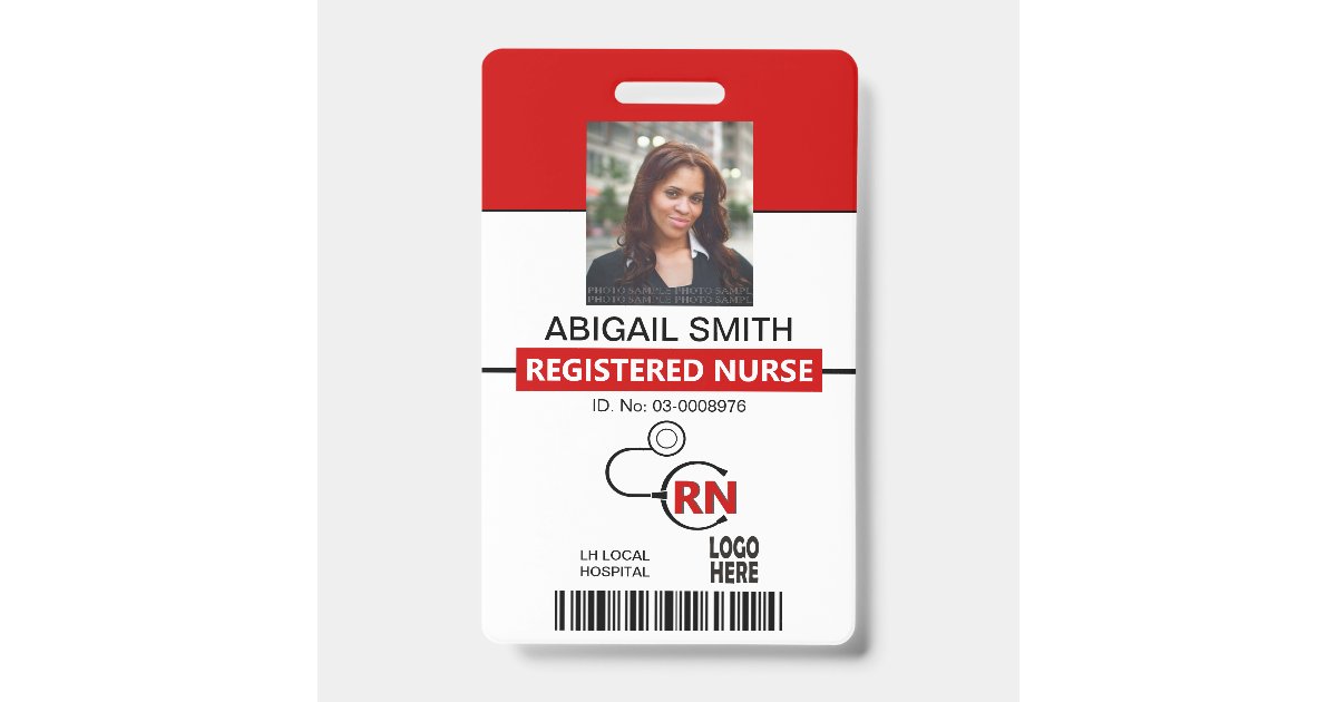 Registered nurse RN red photo template Badge | Zazzle
