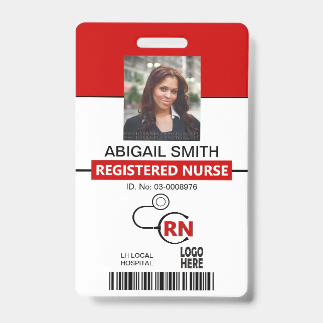 Registered nurse RN red photo template Badge | Zazzle