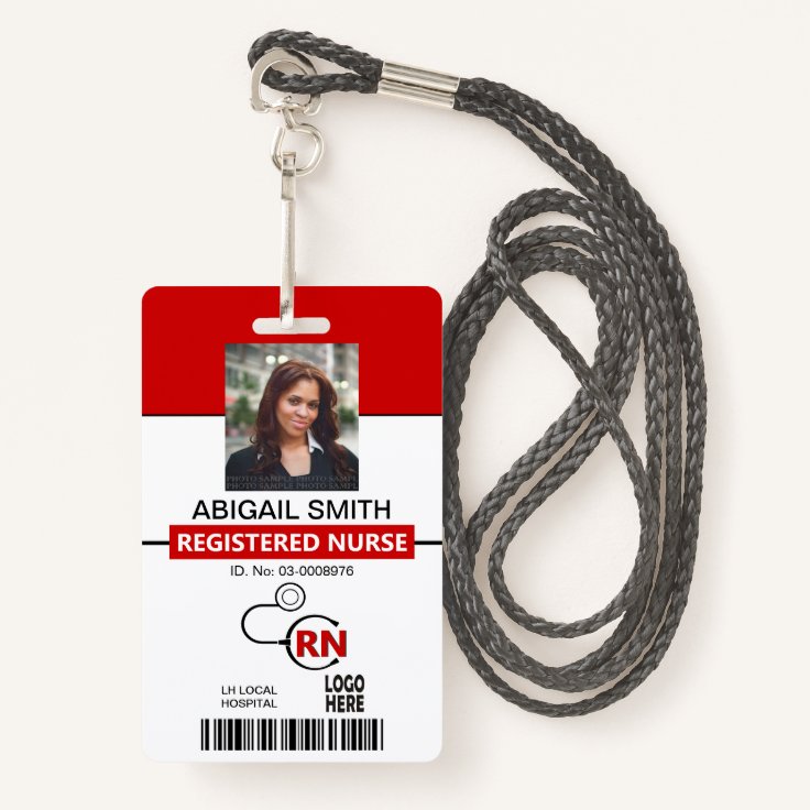 Registered nurse RN red photo template Badge | Zazzle