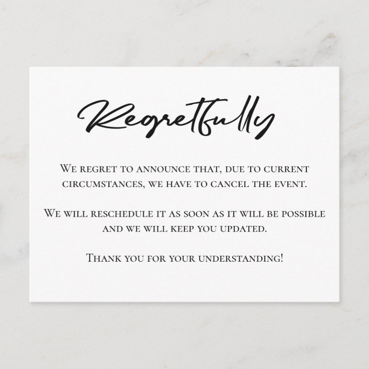 Regretfully black and white cancel announcement postcard | Zazzle