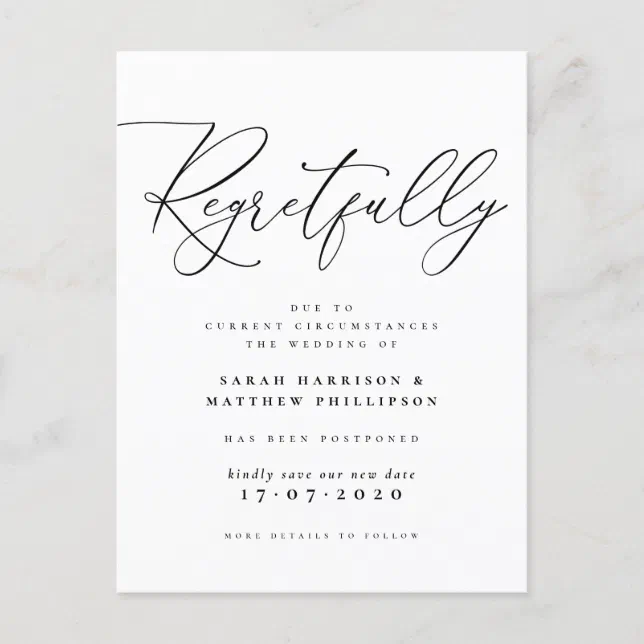 Regretfully Black & White Postponed Wedding Invitation Postcard | Zazzle
