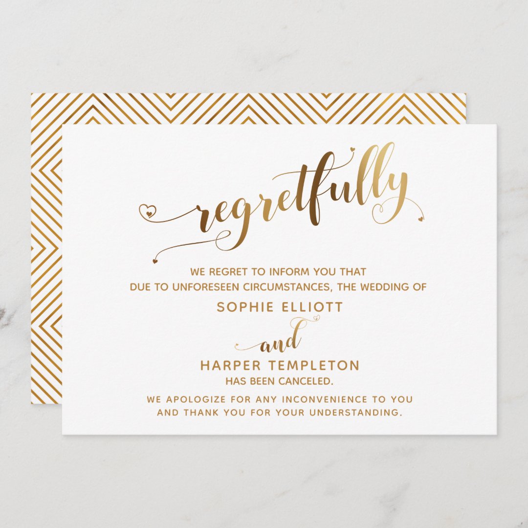 Regretfully Canceled Wedding Gold Calligraphy Card | Zazzle