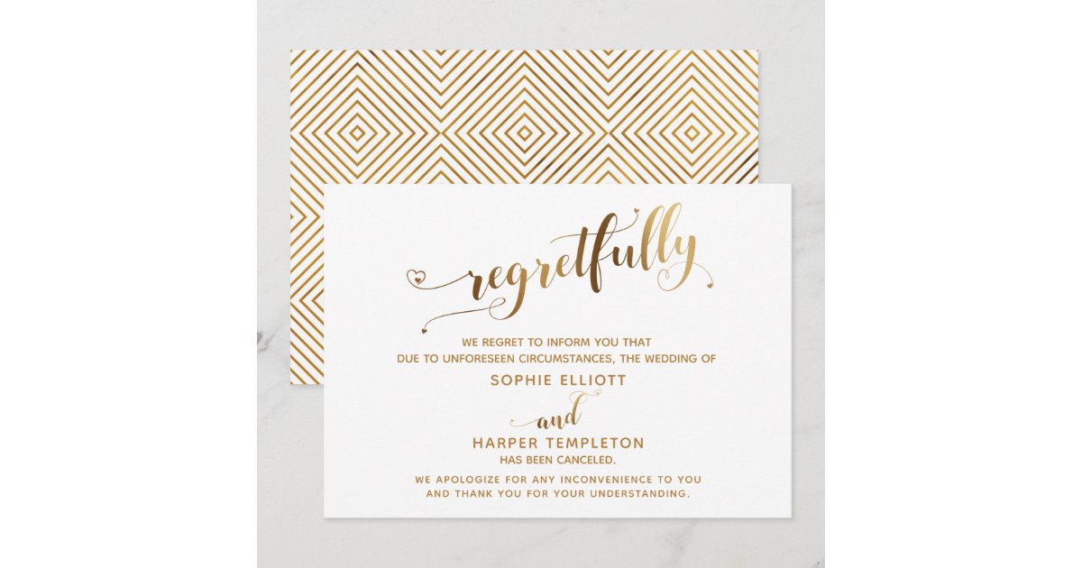 Regretfully Canceled Wedding Gold Calligraphy Card | Zazzle