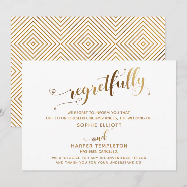 Regretfully Canceled Wedding Gold Calligraphy Card | Zazzle