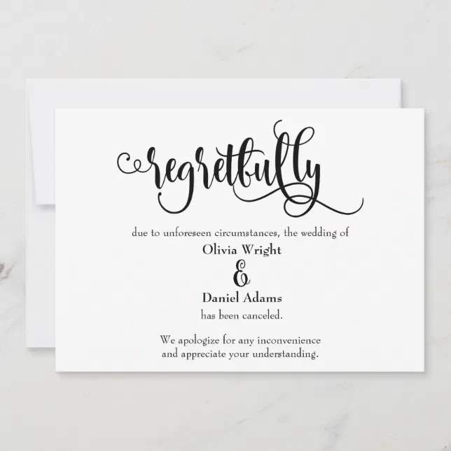 Regretfully Script Canceled Wedding Announcement | Zazzle