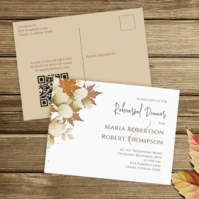 Rehearsal Dinner Autumn Fall Greenery QR Code Postcard | Zazzle