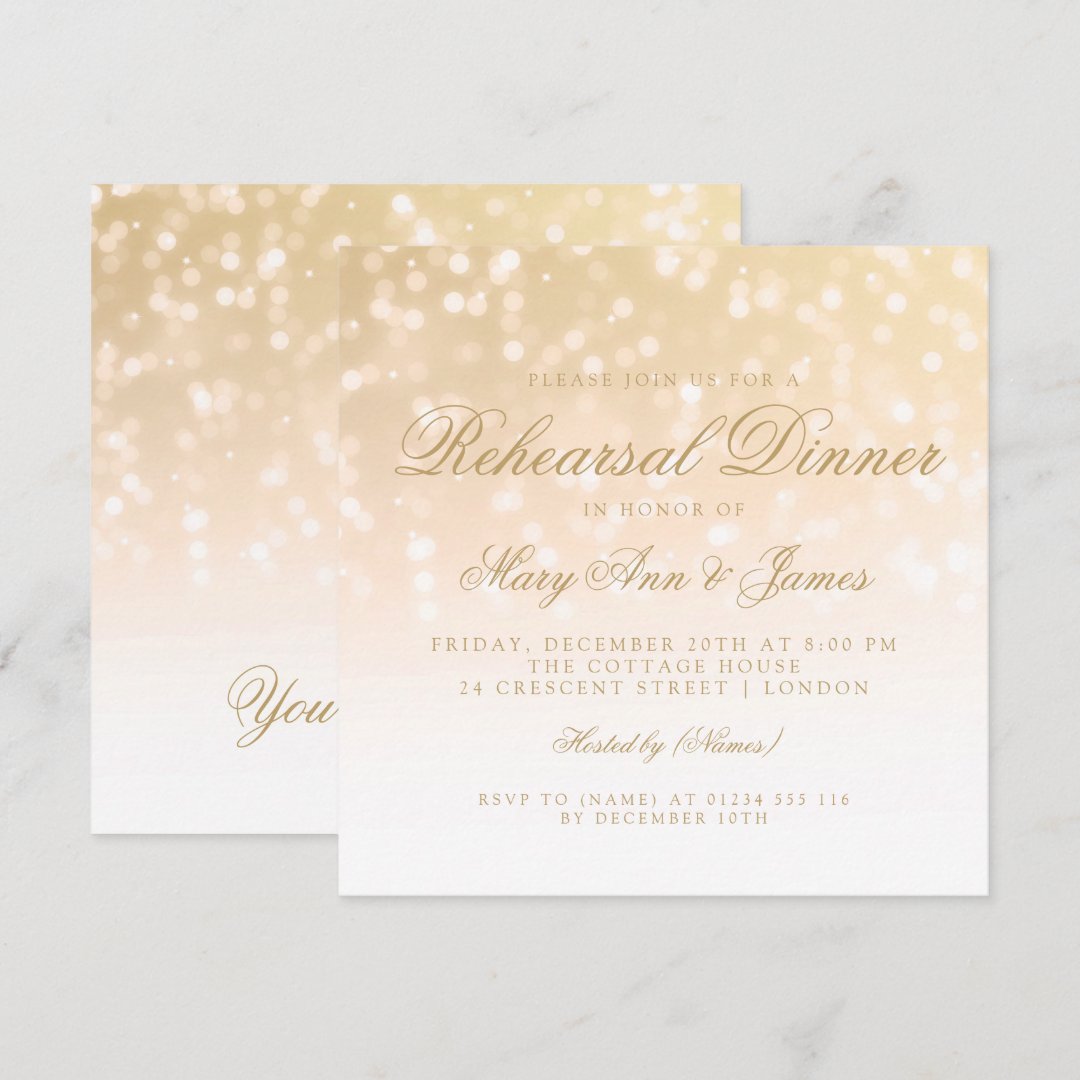 Rehearsal Dinner Gold Bokeh Sparkle Lights Invitation | Zazzle