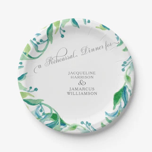 Rehearsal Dinner Laurel Leaf Olive Watercolor Paper Plates | Zazzle