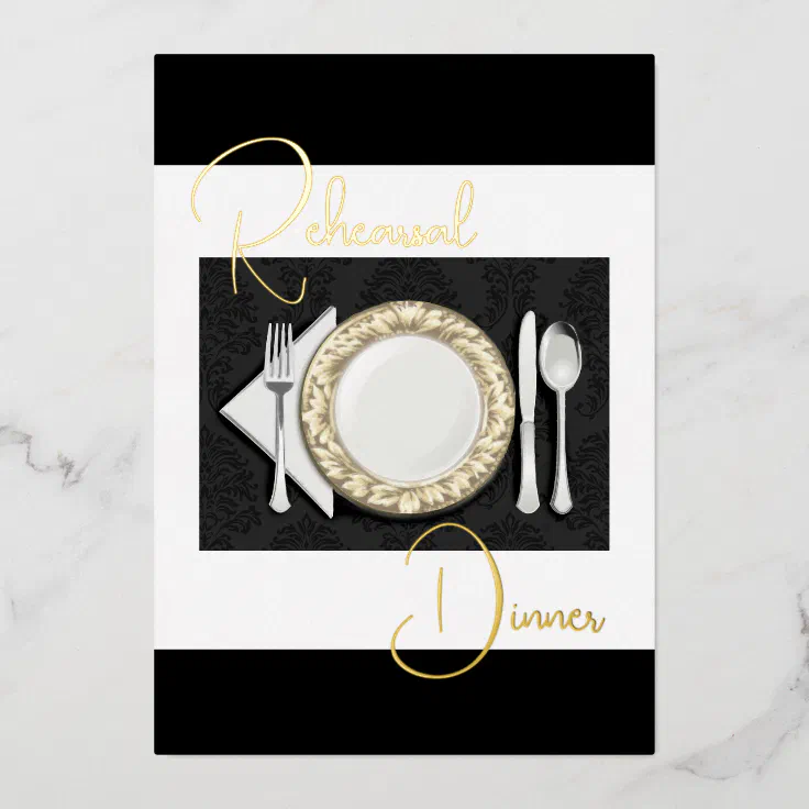 Rehearsal Dinner Place Setting Foil Black Foil Invitation | Zazzle