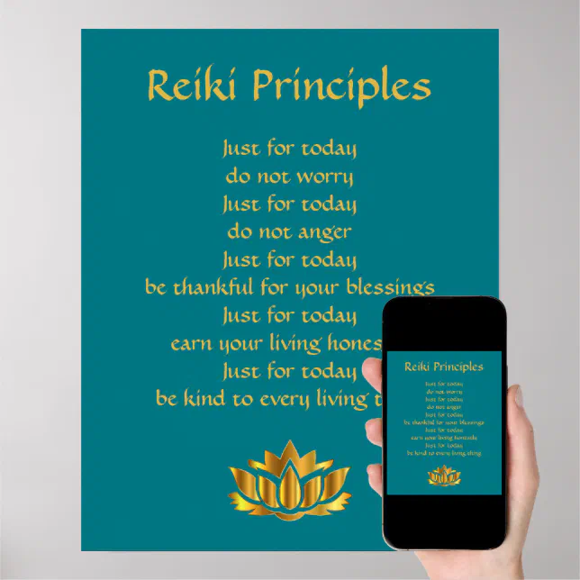 Reiki Principles Teal/Gold Lotus Poster | Zazzle