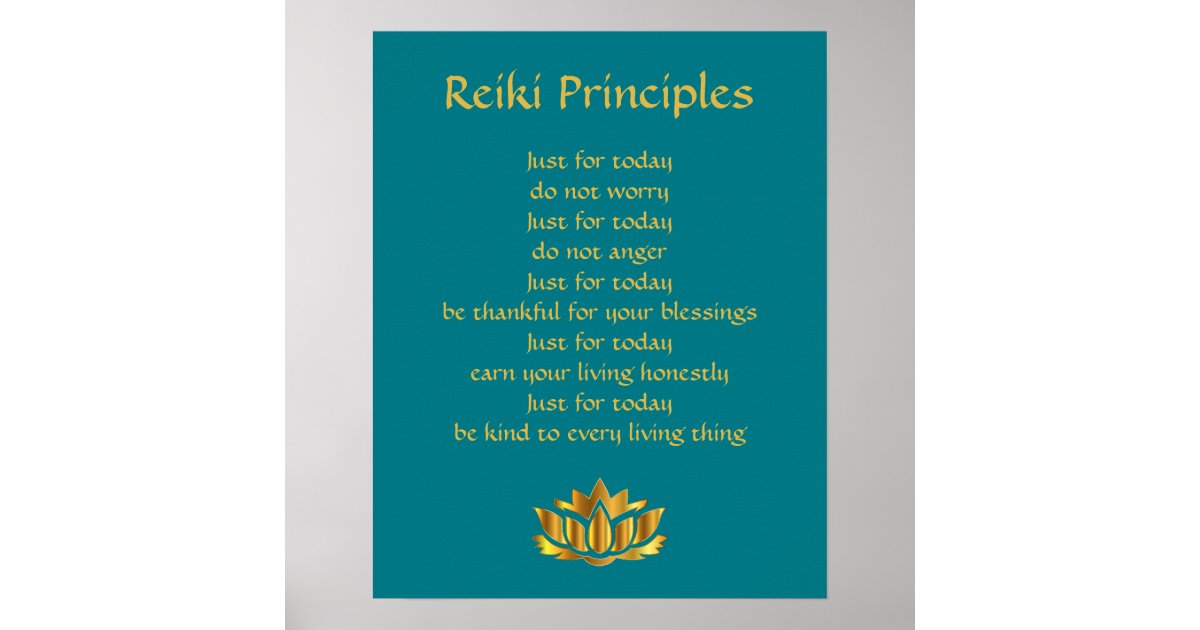 Reiki Principles Teal/Gold Lotus Poster | Zazzle