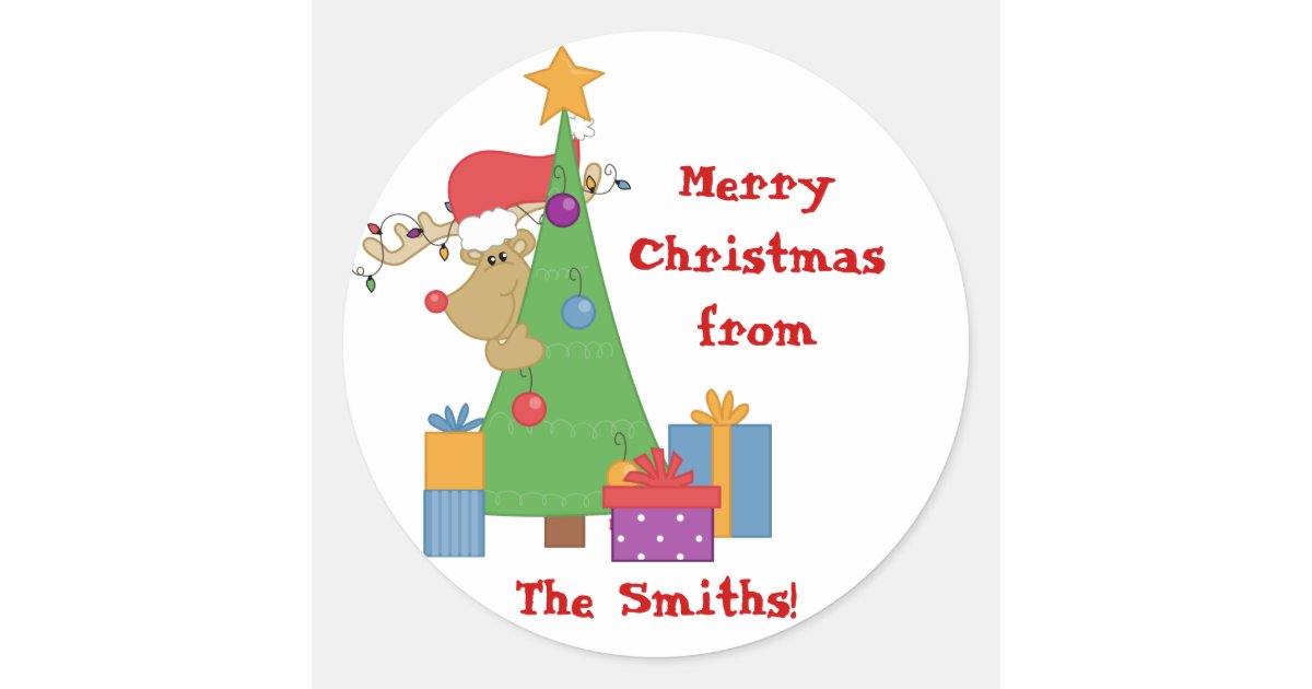 Reindeer_Behind_Tree Classic Round Sticker | Zazzle