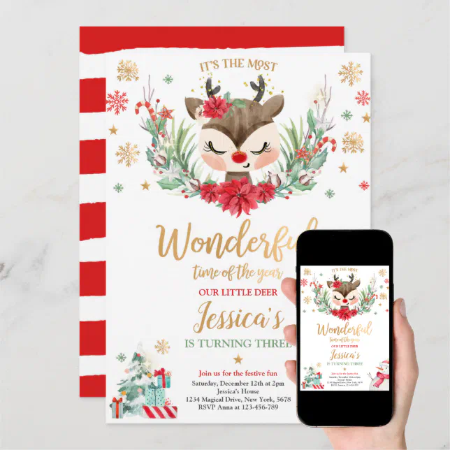 Reindeer Christmas Birthday Party Red Winter Deer Invitation | Zazzle