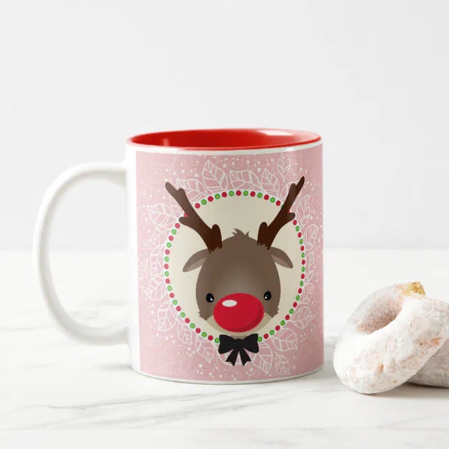 REINDEER CHRISTMAS cute red nose rudolph pink Two-Tone Coffee Mug | Zazzle