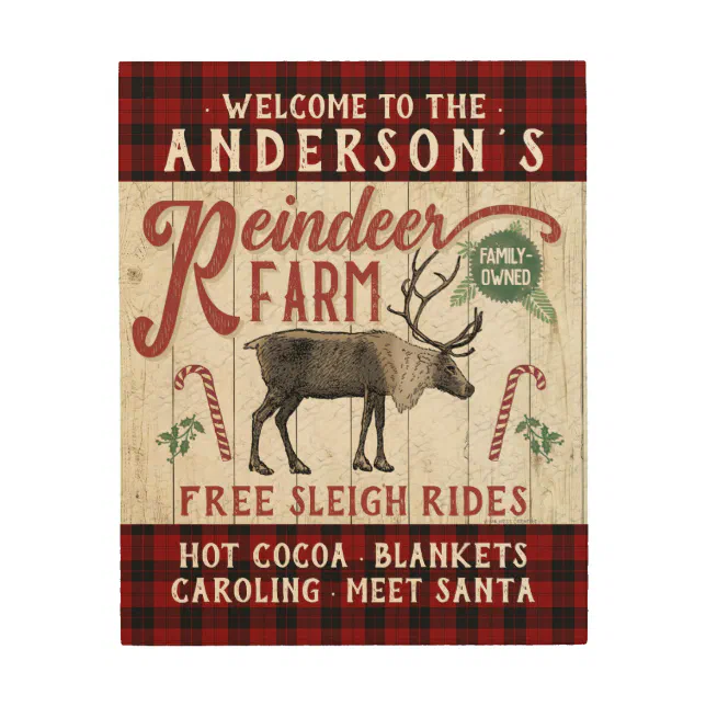 Reindeer Farm Rustic Vintage Farmhouse Custom Name Wood Wall Art | Zazzle